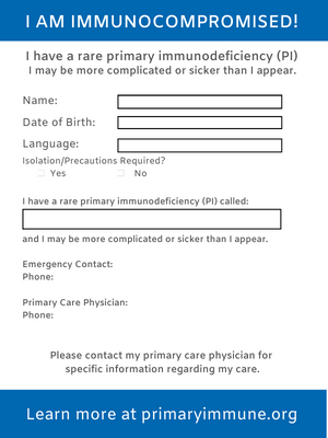 I Am Immunocompromised emergency card | Immune Deficiency Foundation